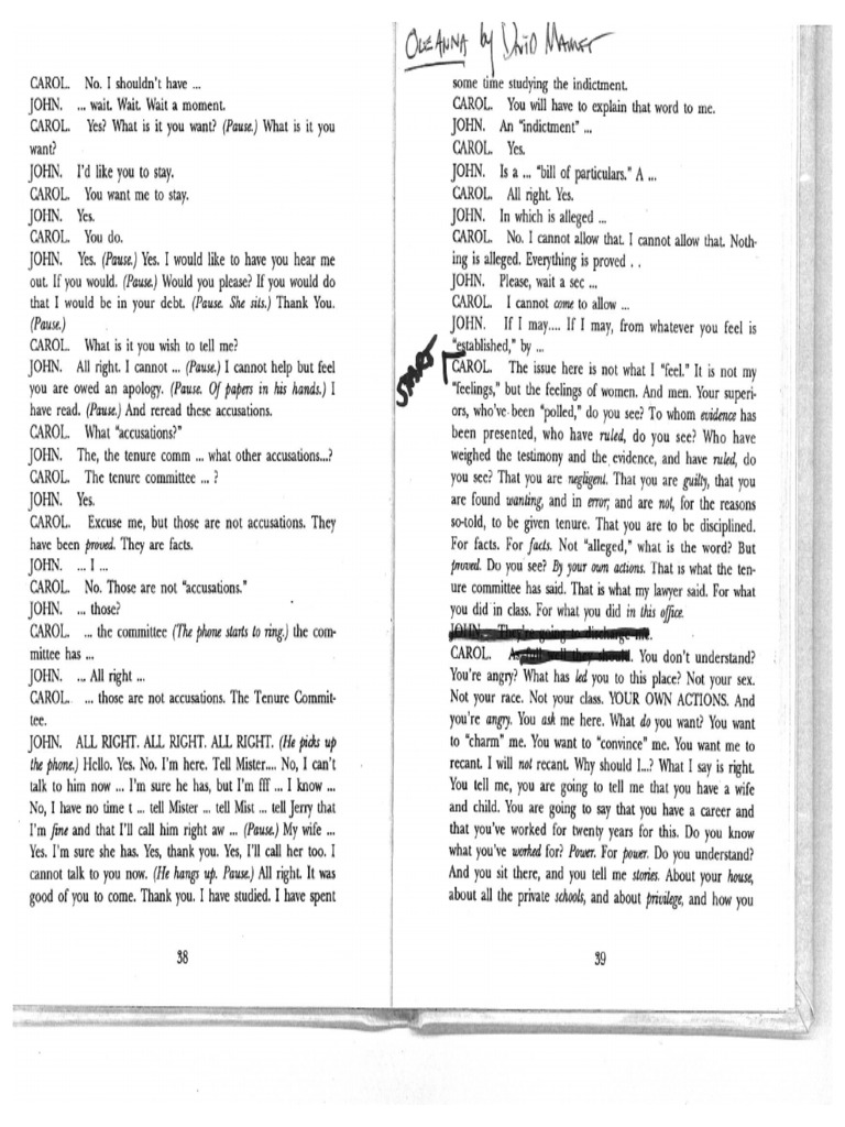 (F) Drama - Oleanna by David Mamet | PDF