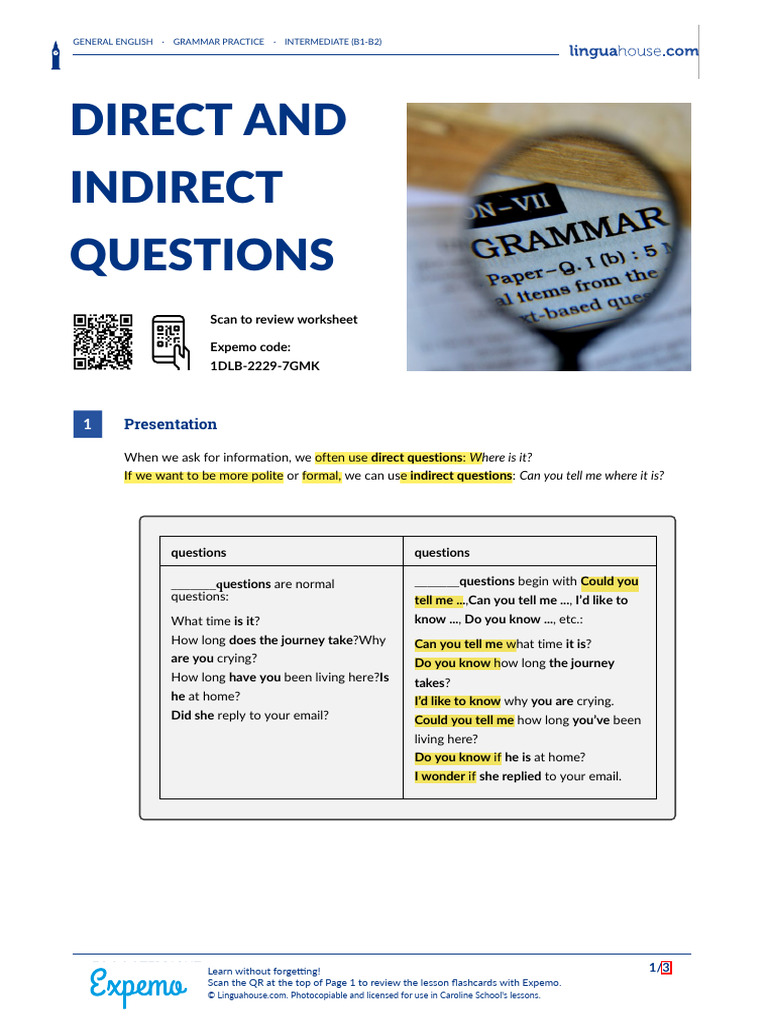 Direct and Indirect Questions Guide | PDF | Question | English Language