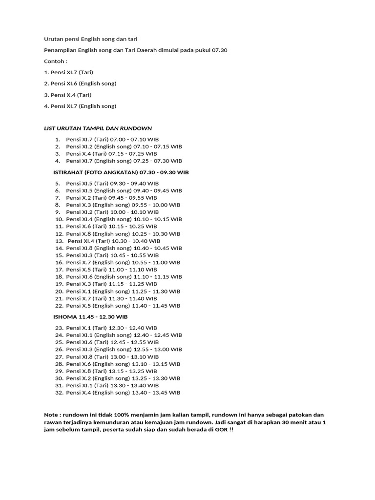 Rundown English Song Dan Tari 2024 | PDF