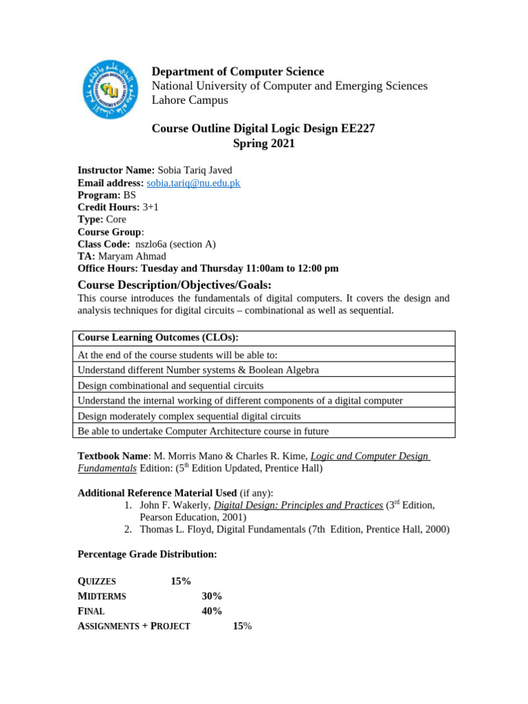 Digital Logic Design Course Outline | PDF | Boolean Algebra | Teaching ...