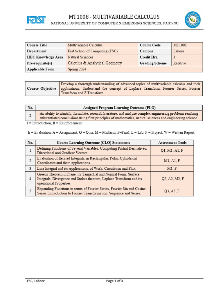 MT1008 - Course Outline - Multivariable Calculus - 2024-01-18 | PDF ...