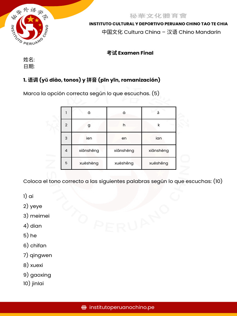 Examen Final Chino | PDF | Idioma chino | este de Asia