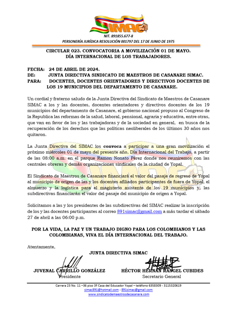 Circular 023. Convocatoria A Movilización 01 de Mayo | PDF