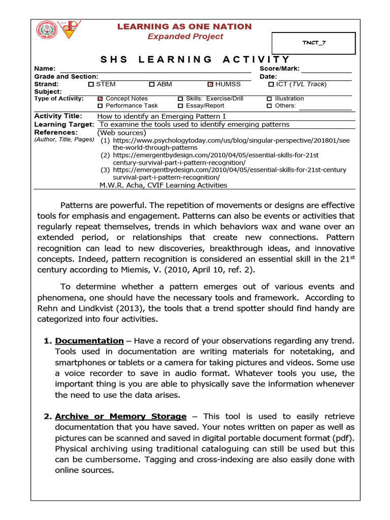TNCT LAS 7 How to identify an Emerging Pattern I | PDF | Learning | Cognition