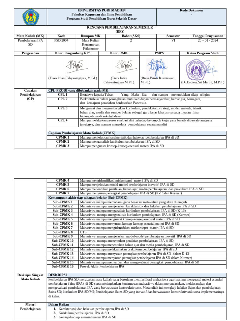 RPS Pembelajaran IPA 2024 | PDF