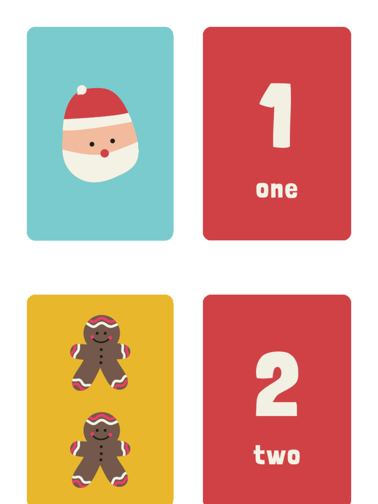 Christmas Numbers 1-20 Flashcards in Colorful Cartoon Style | PDF