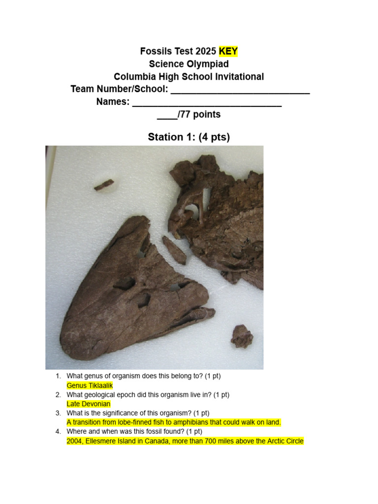 Invitational 2025 Fossils Test KEY | PDF | Fossil | Earth Sciences