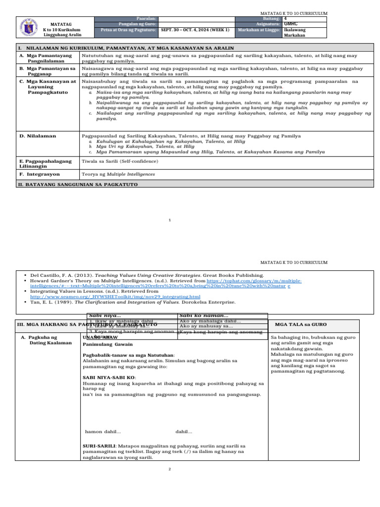 DLL Matatag - GMRC 4 Q2W1 | PDF