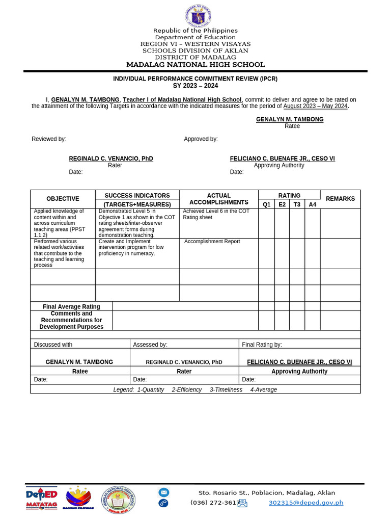 INDIVIDUAL-PERFORMANCE-COMMITMENT-REVIEW-IPCR_TAMBONG, GENLYN M | PDF ...