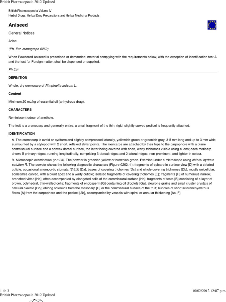 Aniseed - British Pharmacopoeia 2012 Updated | PDF | Chromatography ...