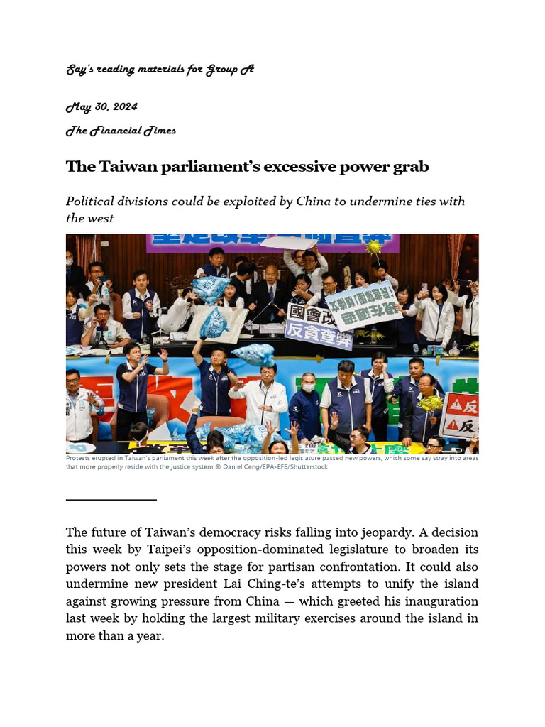 The Taiwan Parliament's Excessive Power Grab - (May 30 2024 - A) | PDF ...