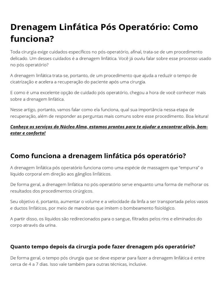 Drenagem Linfática Pós-Operatória: Guia Prático | PDF | Sistema ...