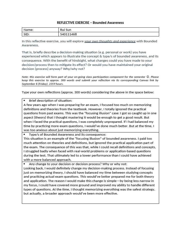 MKTG6104 Reflective Exercise - Bounded Awareness | PDF | Decision ...