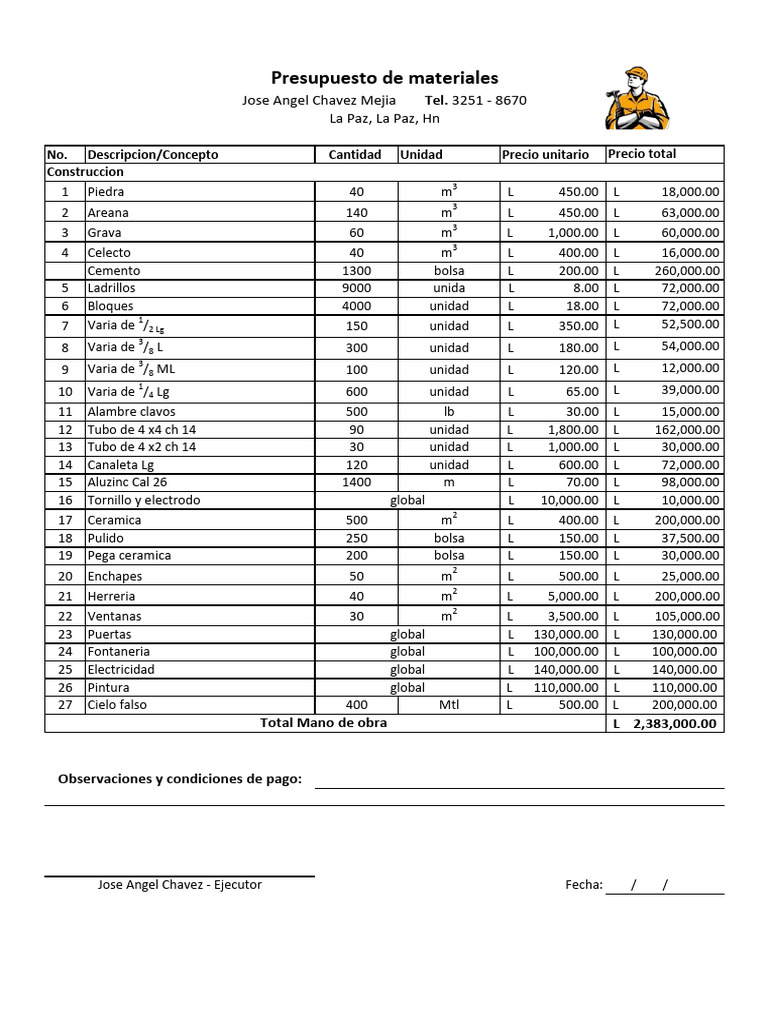 Presupuesto Mano Obra Yeny | PDF