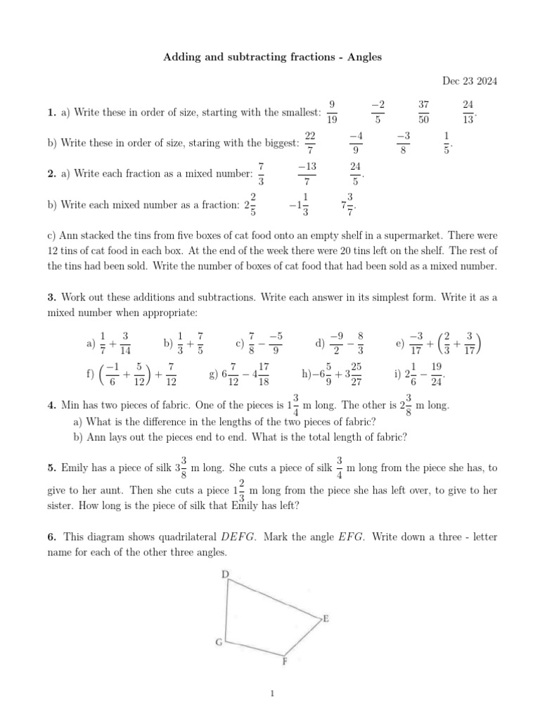 Adding and Subtracting Fractions - Angles | PDF | Classical Geometry ...