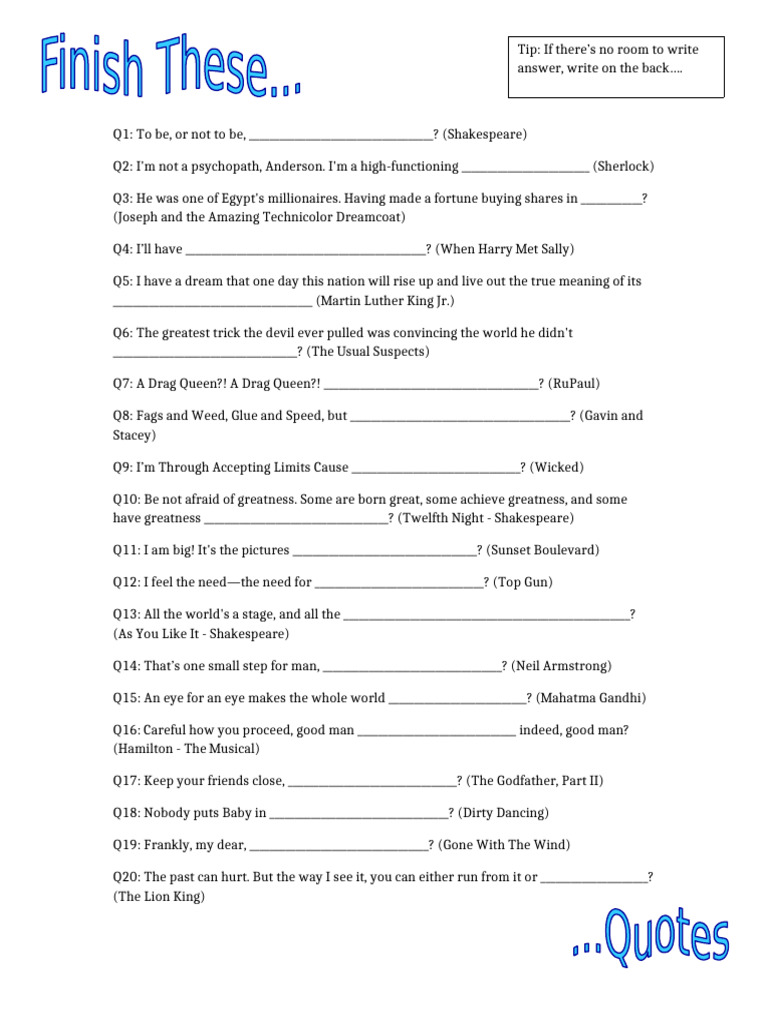 Famous Quotes Pub Quiz | PDF