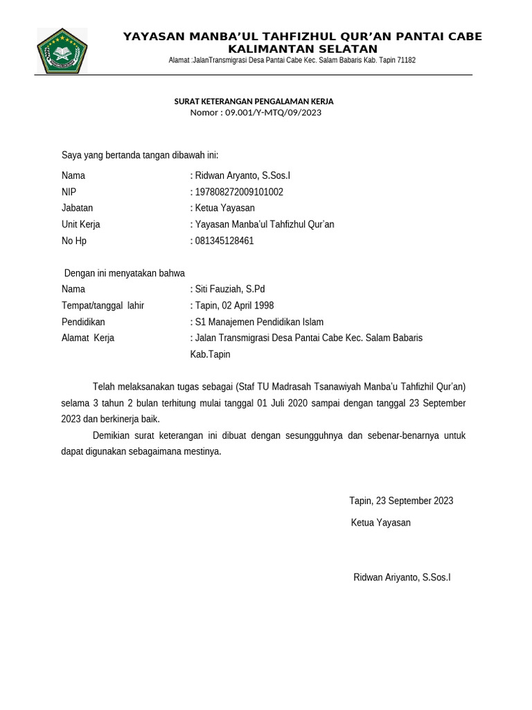 Surat Pengalaman Kerja Guru | PDF