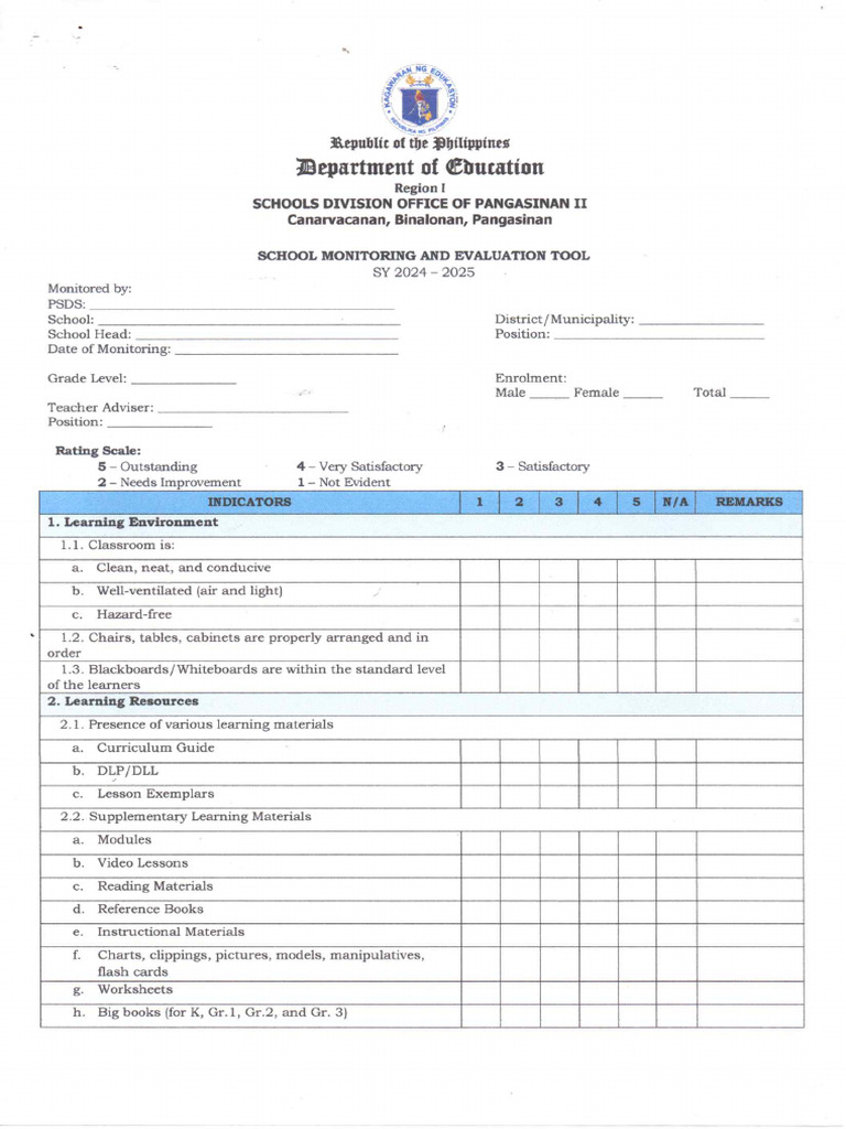 School Monitoring and Evaluation Tool 2024 2025 | PDF