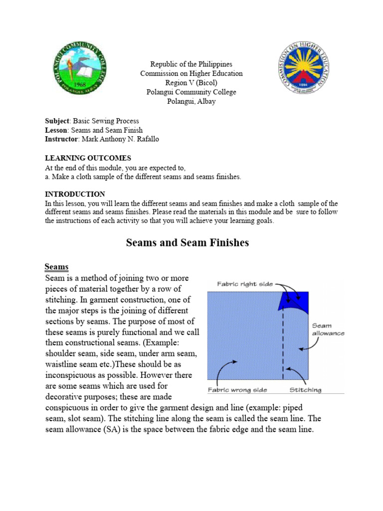 Types and Finishes of Seams | PDF | Seam (Sewing) | Sewing