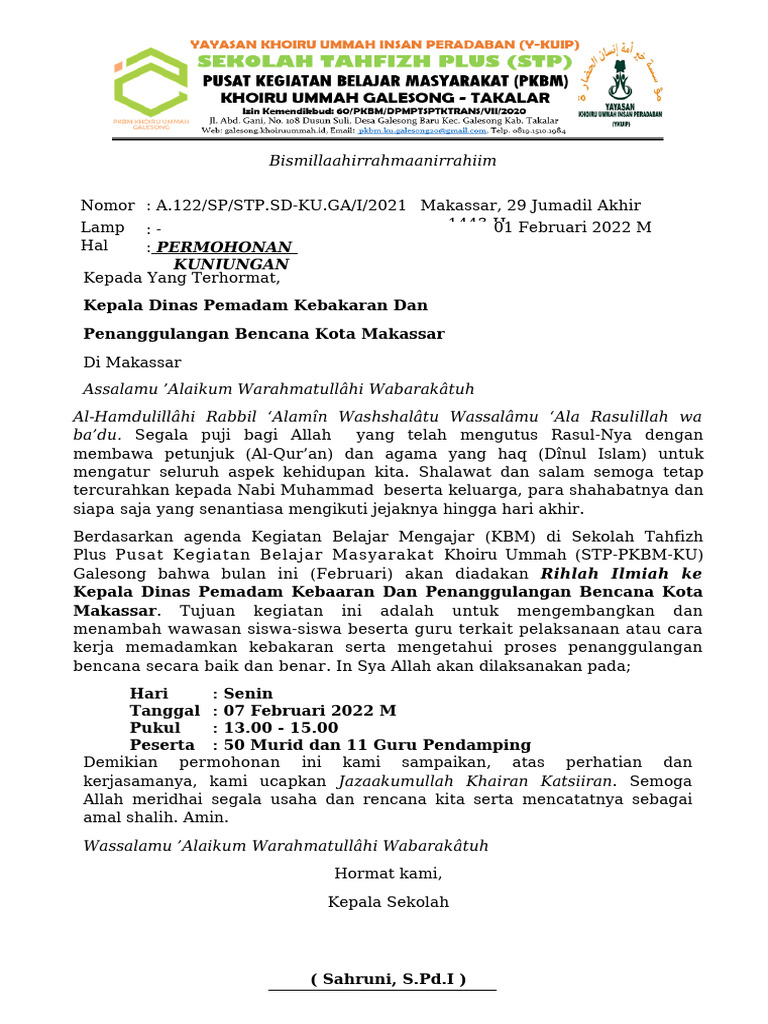 Surat Permohonan Kunjungan Ke Damkar | PDF