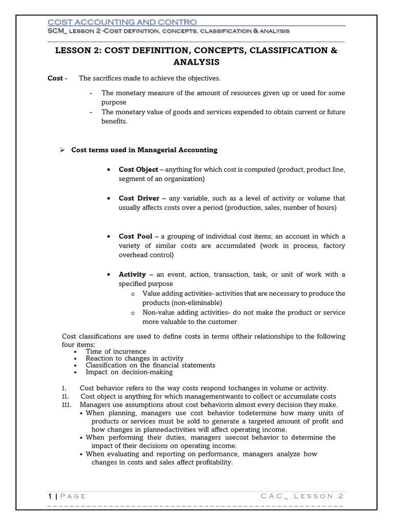 CAC - Lesson 2-Cost Definition, Concepts, Classification and Analysis | PDF | Cost | Cost Accounting