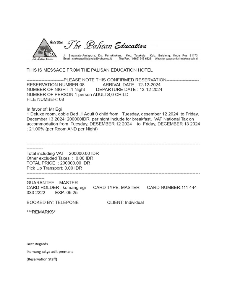 Palisan Hotel Reservation Confirmation | PDF