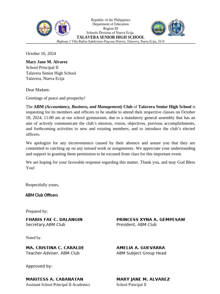 excuse letter assembly | PDF