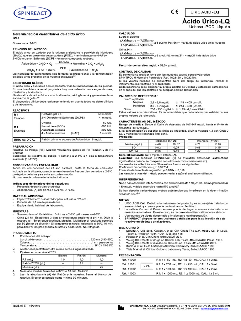 Inserto Ácido Úrico SPINREACT | PDF
