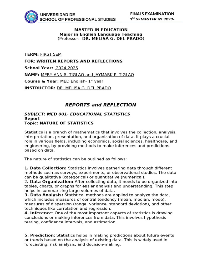 Jaymark P. Tiglao-1st-Sem-Written-Reports-Reflections | PDF | Statistics | Curriculum