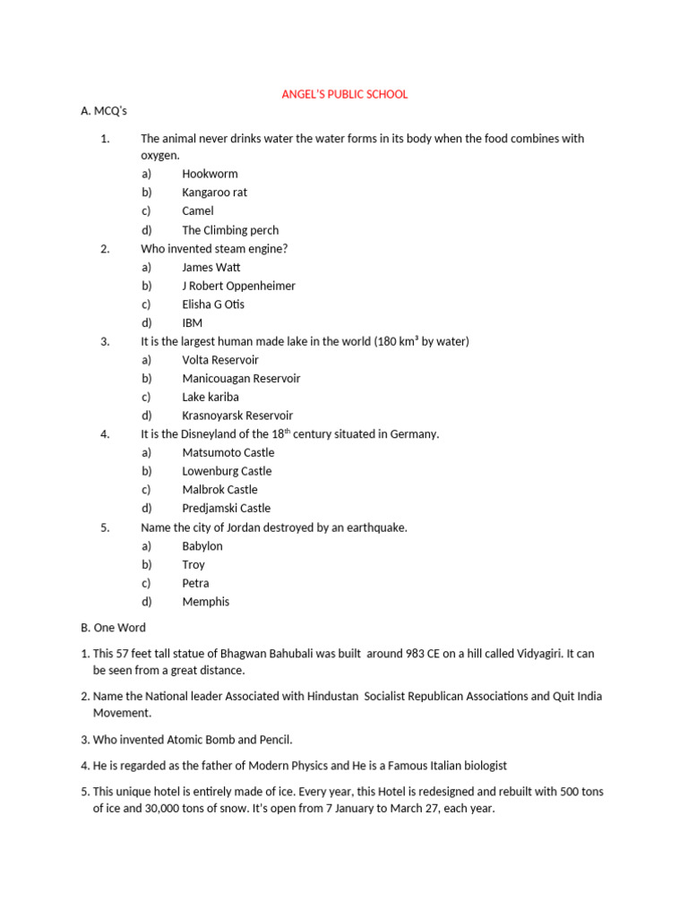 G.K Sample Paper Class 7 | PDF