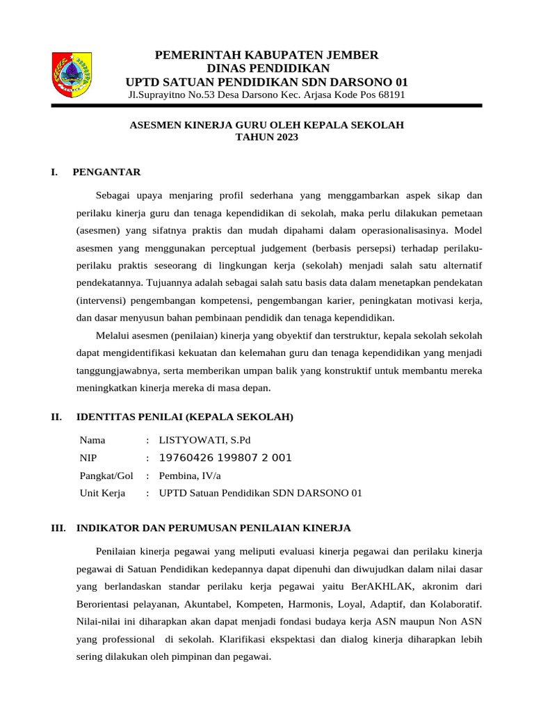 UPTD SATDIK SDN DARSONO 01 - Laporan Assesment Guru | PDF