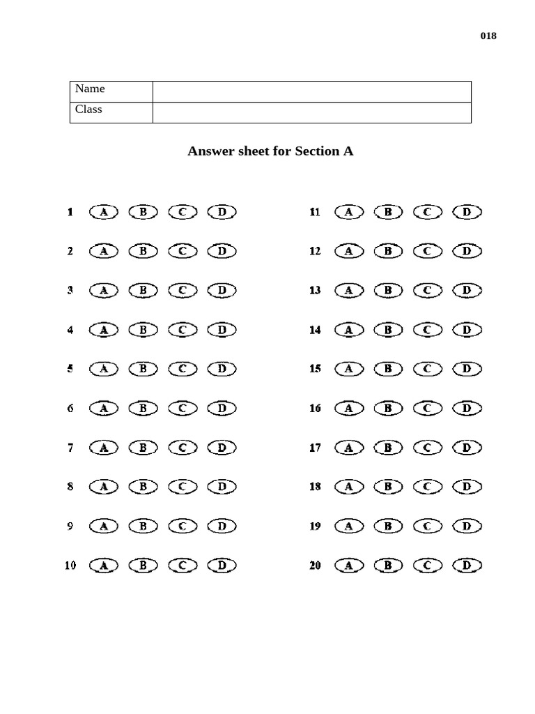 Answer Sheet for Section A | PDF