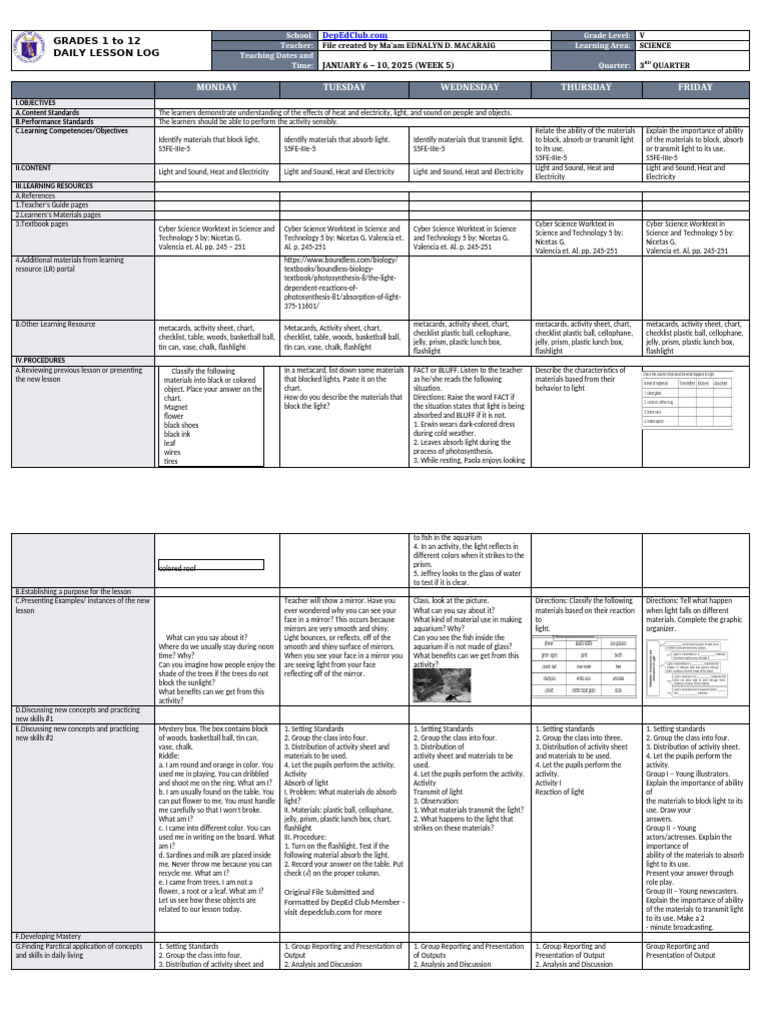 DLL_SCIENCE 5_Q3_W5 | PDF | Mirror | Differentiated Instruction