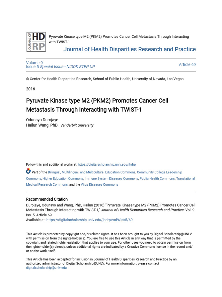Pyruvate Kinase Type M2 (PKM2) Promotes Cancer Cell Metastasis | PDF ...