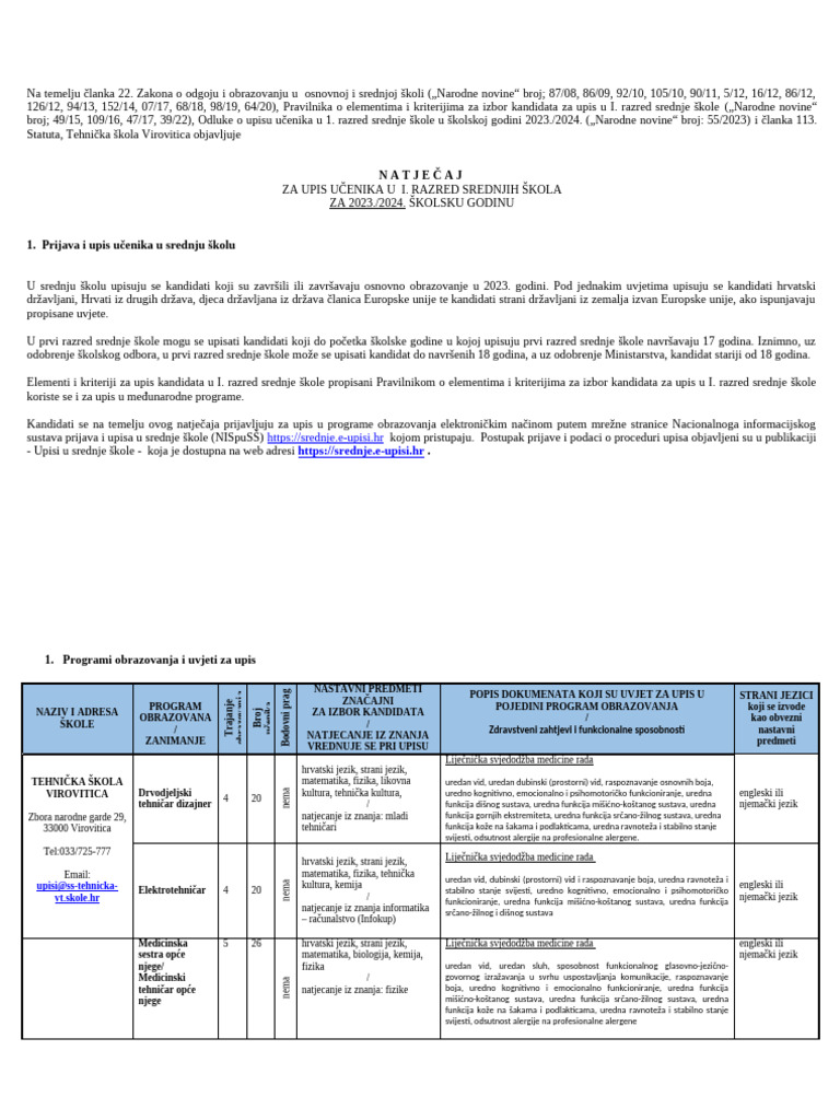 Natjecaj Za Upis SK. GOD. 2023. - 2024 | PDF