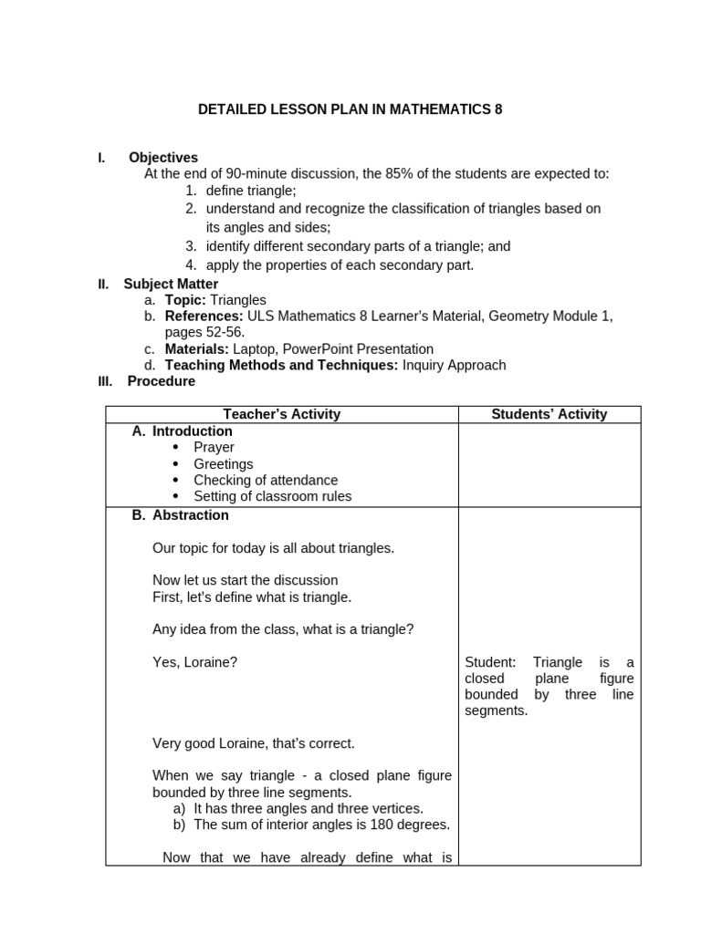 Detailed-Lesson-Plan - Grade-8-Descartes (Demo 3) | PDF | Triangle ...