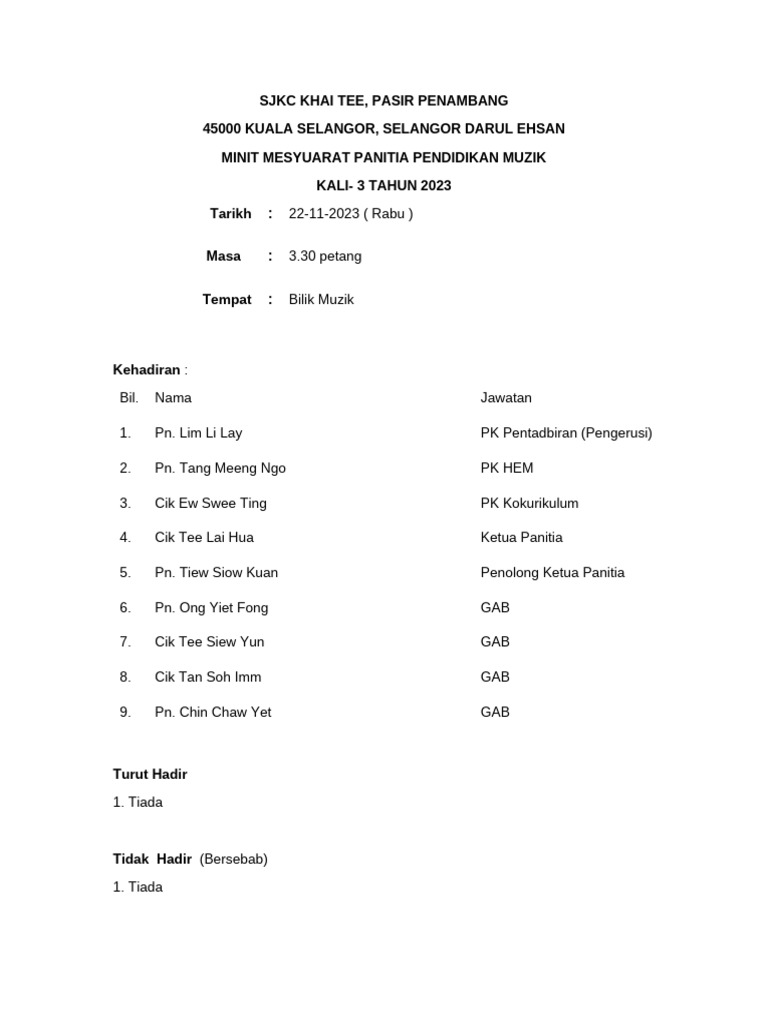 Minit Mesyuarat Panitia Pendidikan Muzik Kali Ke-3 Tahun 2023 | PDF
