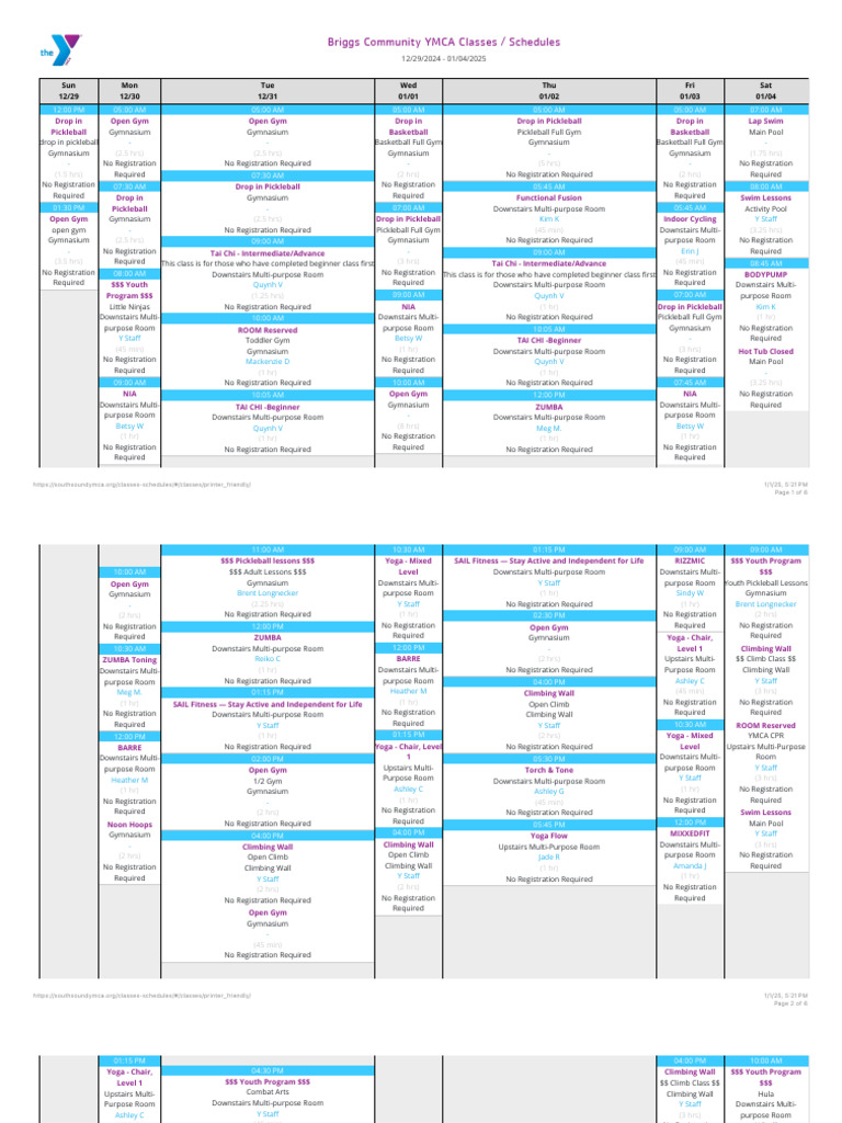 Briggs Community YMCA Classes - Schedules - South Sound YMCA | PDF | Gym | Sports