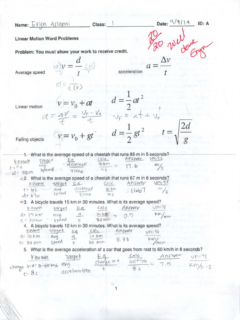 Linear Motion Word Problems Pdf