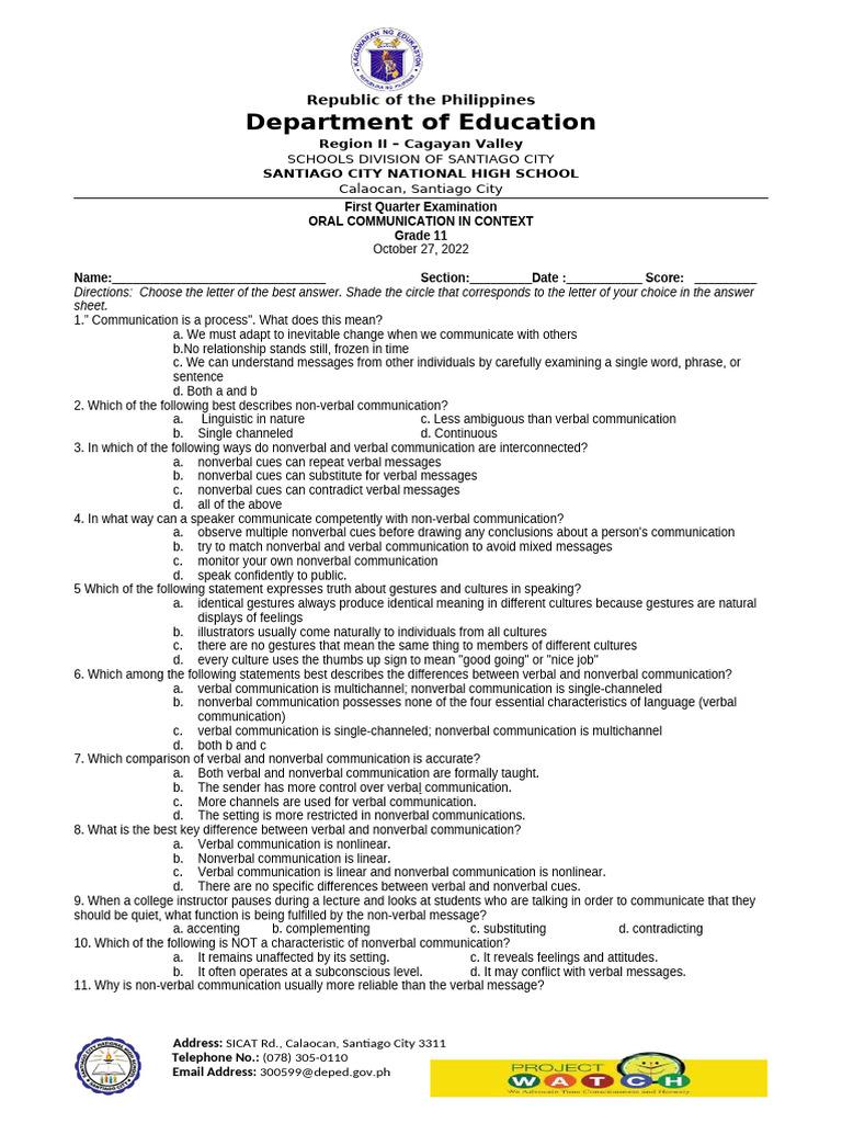 Exam Oral Comm 2022-2023 | PDF | Communication | Nonverbal Communication
