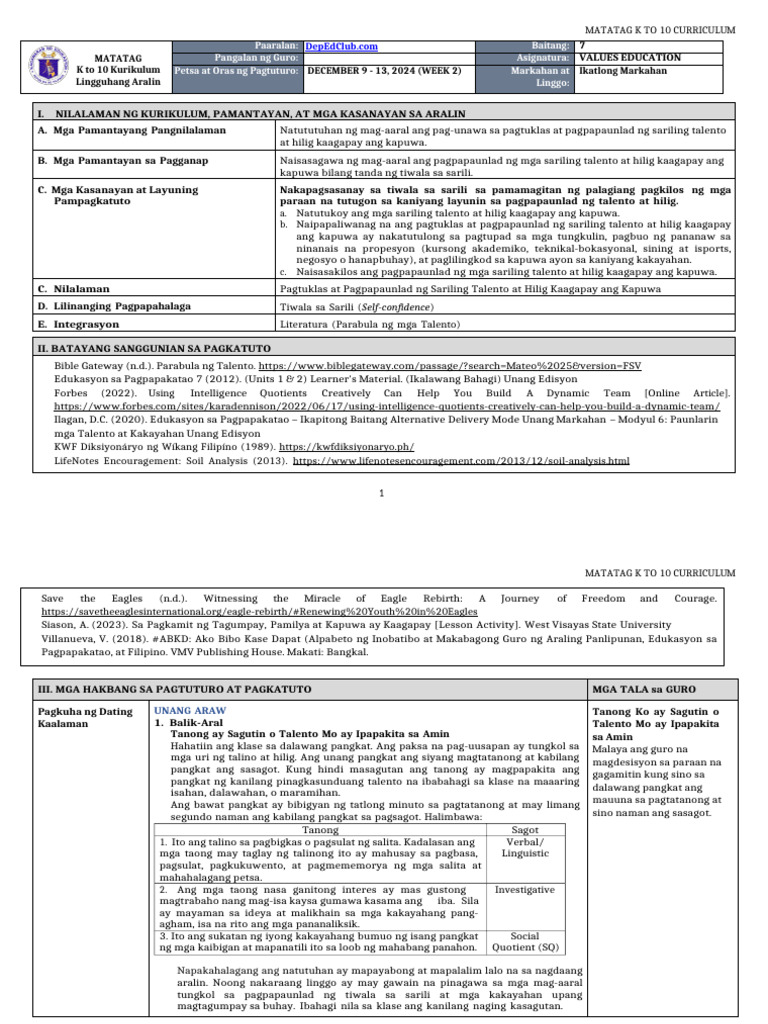 DLL Matatag - Values Education 7 Q3 W2 | PDF
