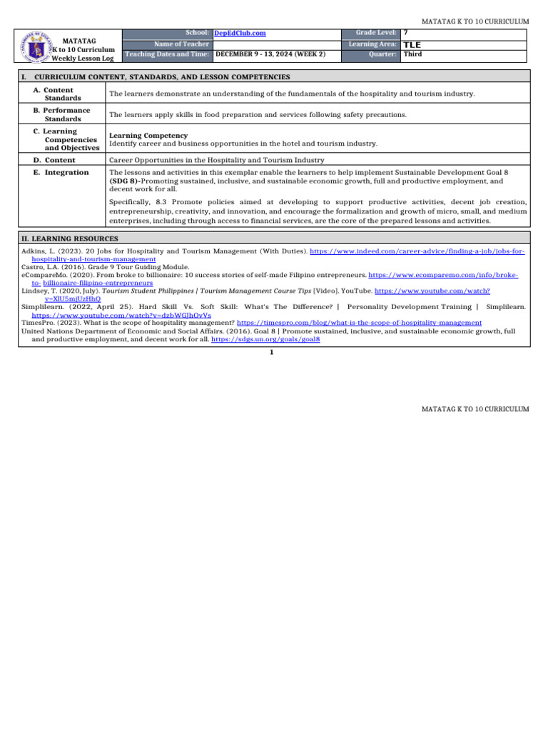 DLL MATATAG _TLE 7 Q3 W2 | PDF | Teachers