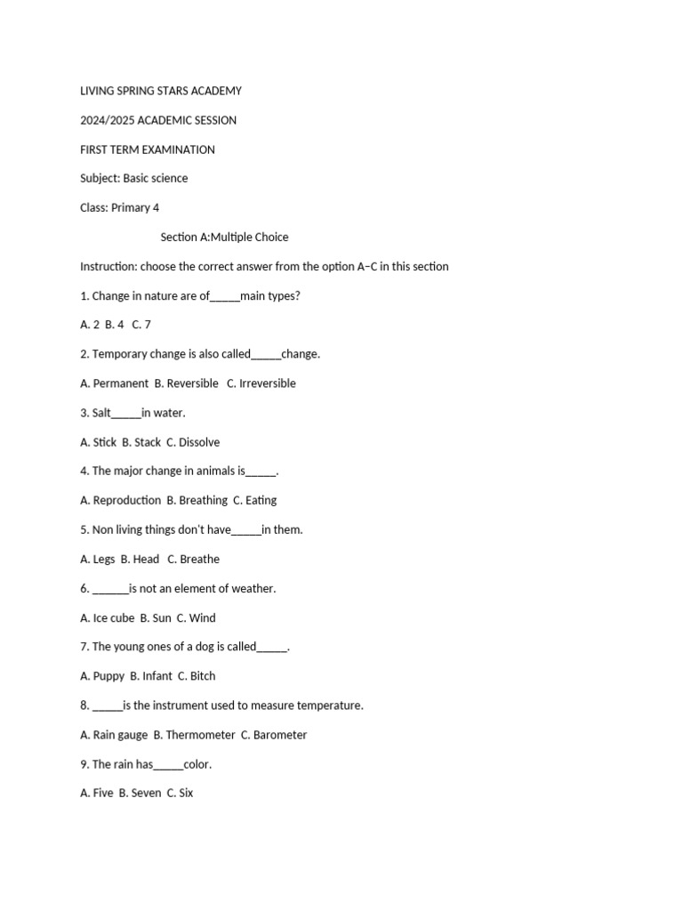 Basic Science Exam For Primary 4 | PDF