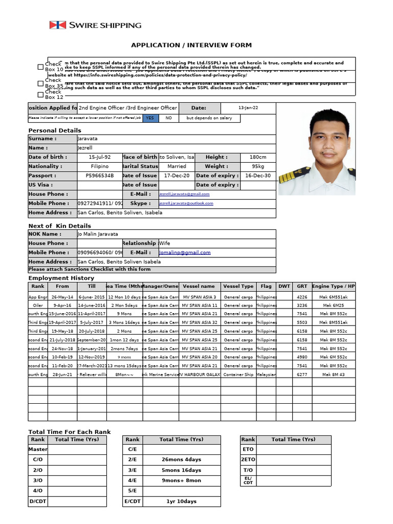 Seafarer Application Form for Engineers | PDF | Shipping
