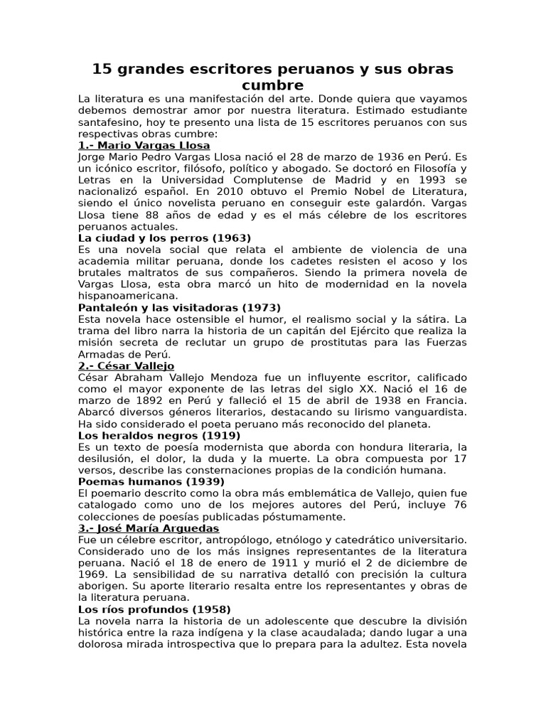 15 Escritores Peruanos y Sus Obras | PDF | Perú