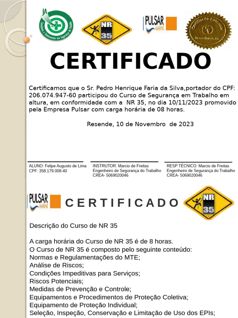 MODELO Certificado NR35 | PDF