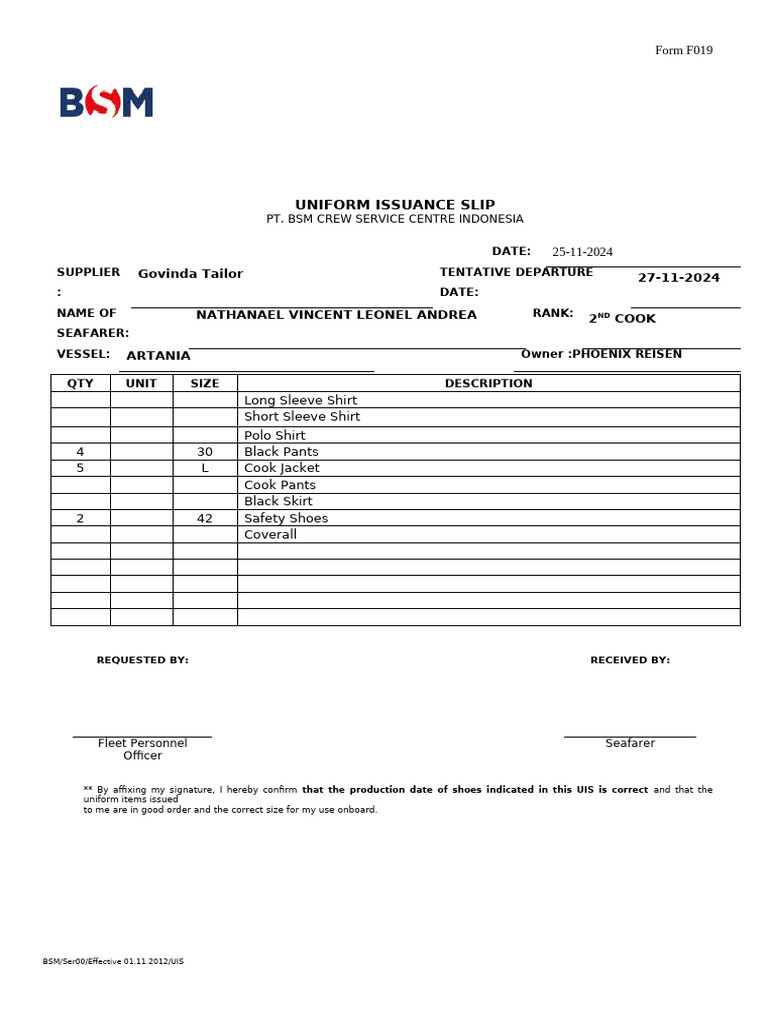 Form 019 - Uniform Issuance Slip nathanael | PDF