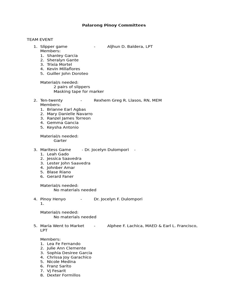 Palarong Pinoy Team and Individual Events | PDF
