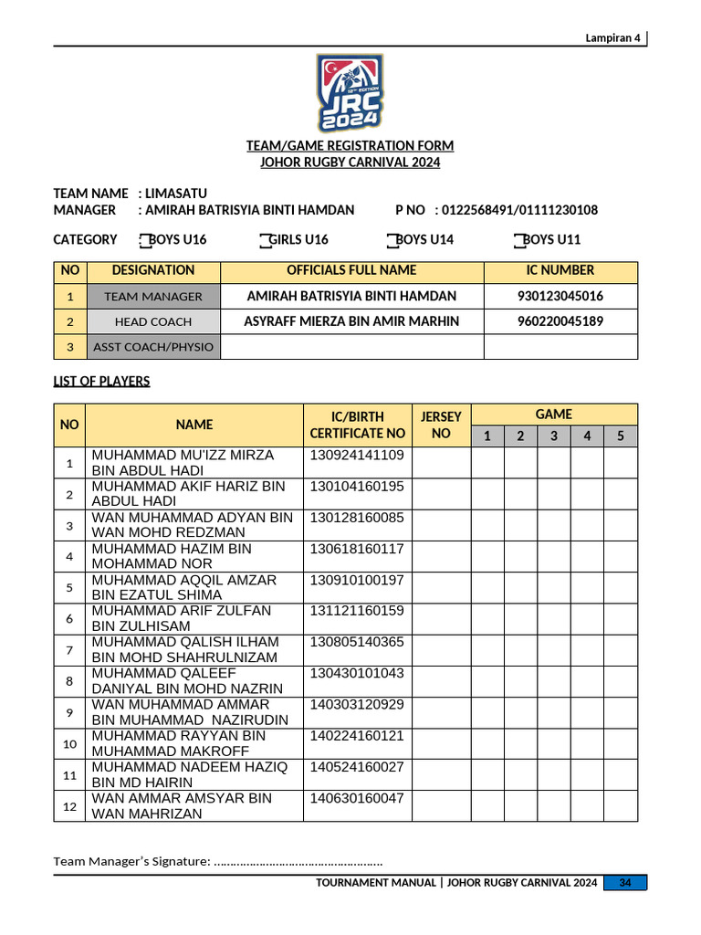 Borang Pendaftaran Pasukan Dan Perlawanan - JRC 2024 | PDF