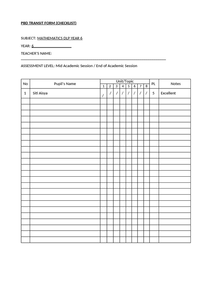 PBD TRANSIT FORM - MATH DLP YEAR 6 (Checklist) | PDF
